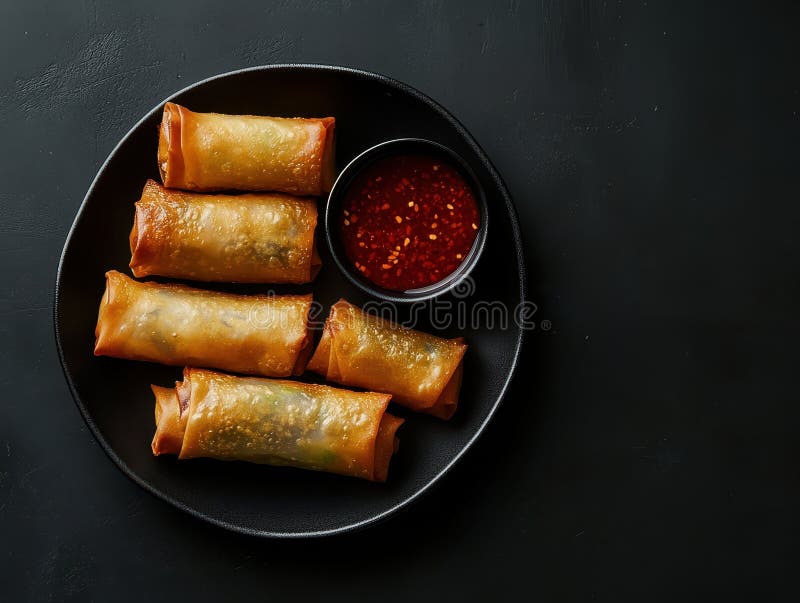 A Plate of Spring Rolls Served with a Spicy Dipping Sauce Stock ...