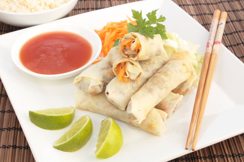 A Plate of Spring Rolls with Sweet and Sour Sauce Stock Image - Image ...