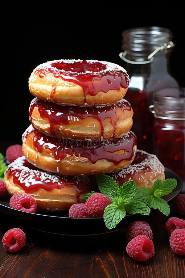 Plate with Stack of Donuts Topped with Raspberries and Mint Stock Photo ...