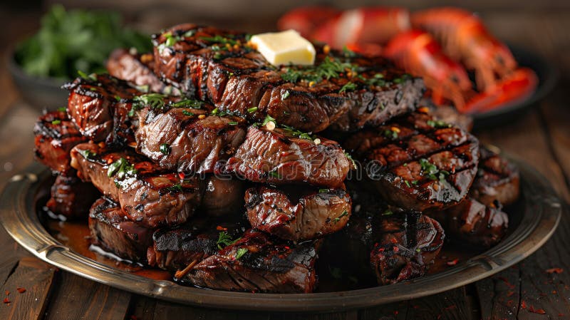 Serving Platter with a Stack of Several Grilled Steaks with Butter on ...