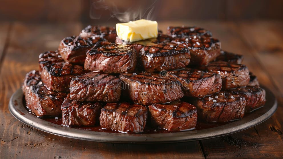 Steaming Stack of Several Grilled Steaks with Butter on Top. Generative ...