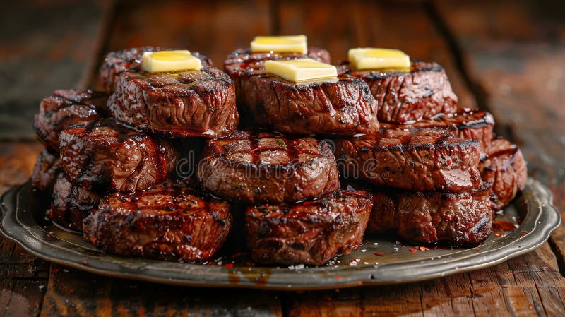 Silver Plate with a Stack of Several Grilled Steaks with Butter on Top ...