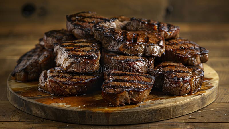 Wood Plate with a Stack of Several Grilled Steaks. Generative AI Stock ...