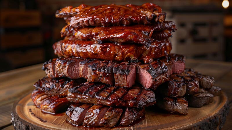 Slab with a Stack of Several Grilled Steaks. Generative AI Stock ...