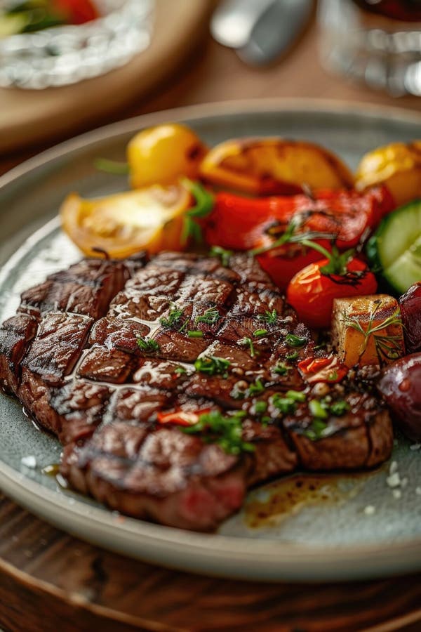 A Plate of Steak and Vegetables on a Table. Suitable for Food and ...