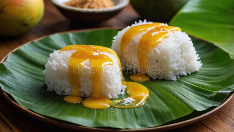 A Plate of Sticky Rice Topped with Mango Sauce, Served on a Banana Leaf ...