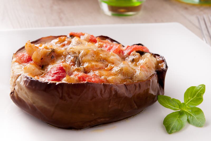 Plate of Stuffed Eggplant Baked Stock Photo - Image of gourmet, filled ...