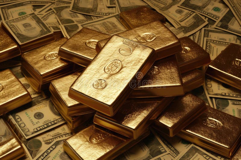 A Plate Style Gold Bars on a Pile of Us Currency. Generative AI Stock ...