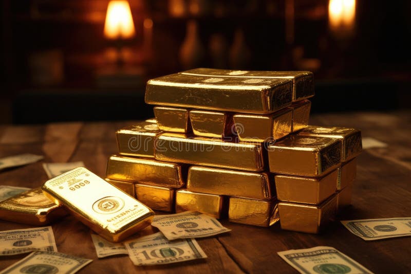 A Plate Style Gold Bars on a Pile of Us Currency. Generative AI Stock ...