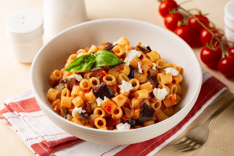 A Plate with Summer Short Pasta with Eggplant, Tomato and Ricotta ...