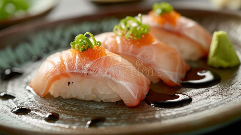 A Plate of Sushi with a Garnish on it is Sitting in Front, AI Stock ...
