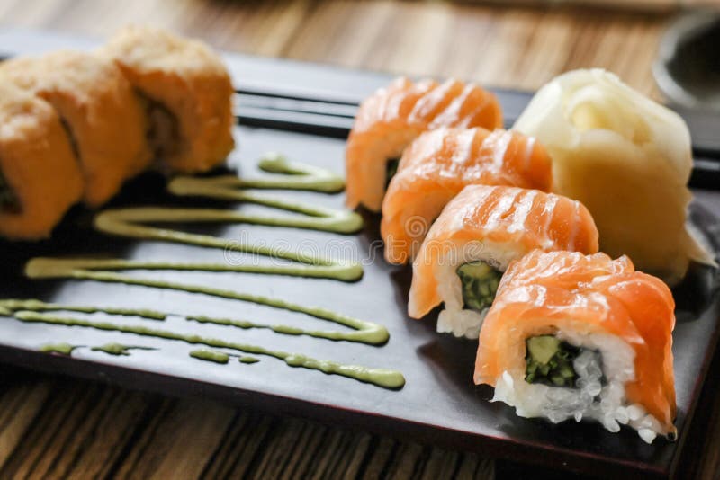 Plate Sushi on Restaurant Table in Lunch Time Stock Photo - Image of ...
