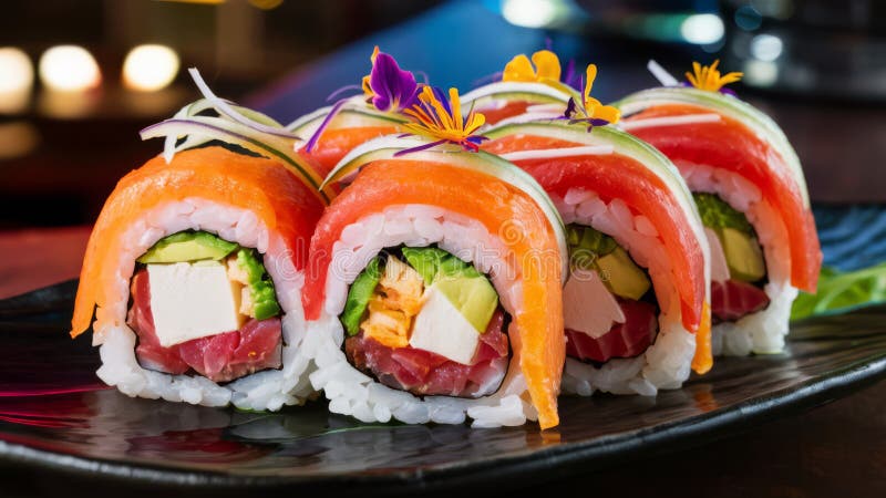 A Plate of Sushi Rolls with Different Types of Meat and Vegetables, AI ...