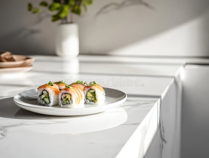 A Plate of Sushi Rolls on a Marble Countertop with Natural Light Stock ...