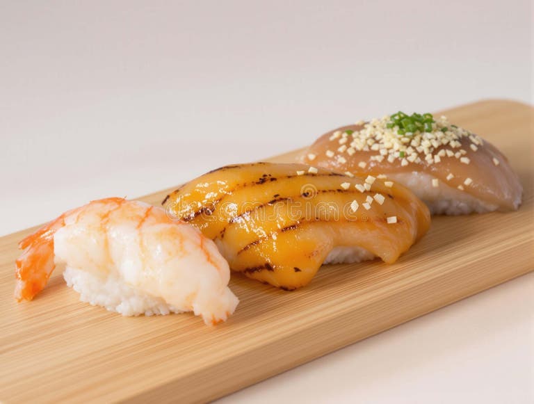 A Plate of Sushi with Three Different Types of Fish Stock Illustration ...