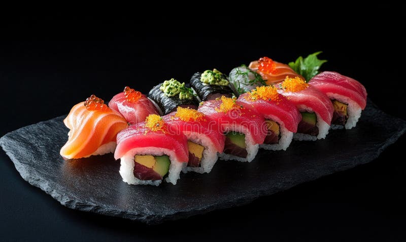 A Plate of Sushi with a Variety of Different Types of Sushi Rolls Stock ...