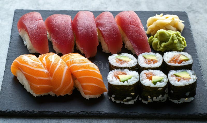 A Plate of Sushi with a Variety of Different Types of Sushi Rolls Stock ...