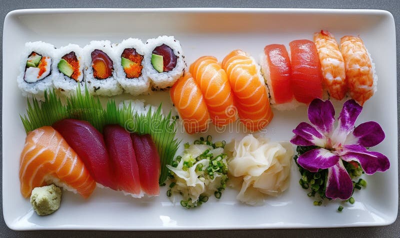 A Plate of Sushi with a Variety of Different Types of Sushi Rolls Stock ...