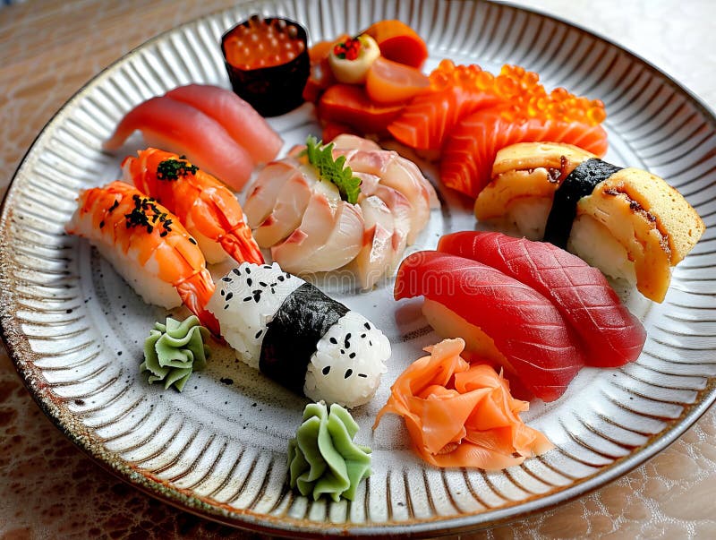 A Plate of Sushi with Various Types of Fish Stock Photo - Image of ...