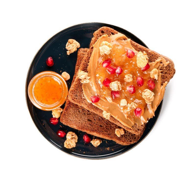Plate with Sweet Toasts and Jam on White Background Stock Image - Image ...