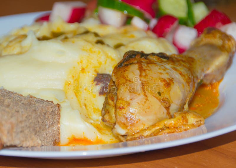 The Plate on the Table Fried Chicken Ham with Vegetables, Closeup ...