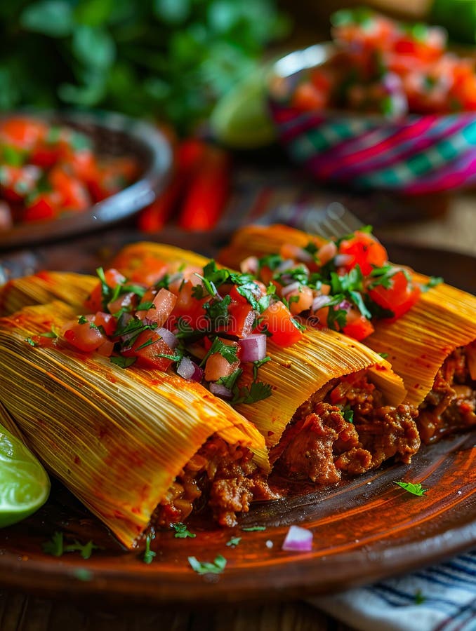 A Plate of Tamales with Meat and Salsa Stock Image - Image of salsa ...