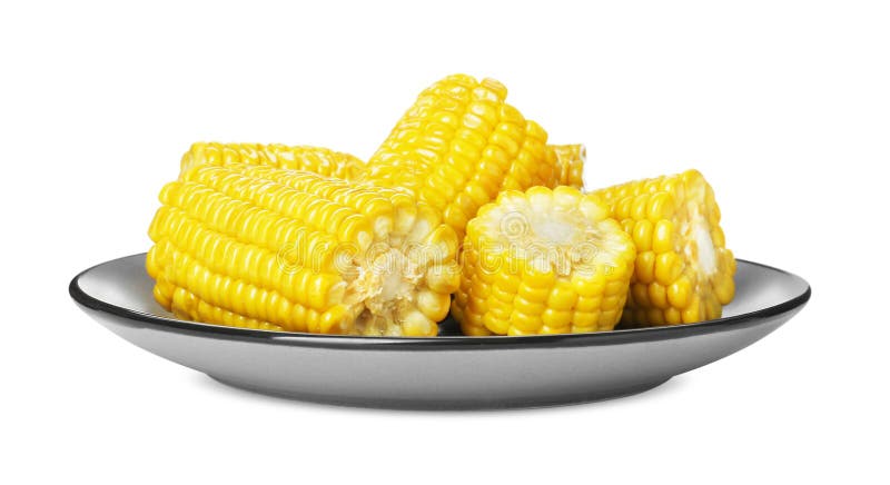 Plate with Tasty Cooked Corn Cobs on White Background Stock Photo ...