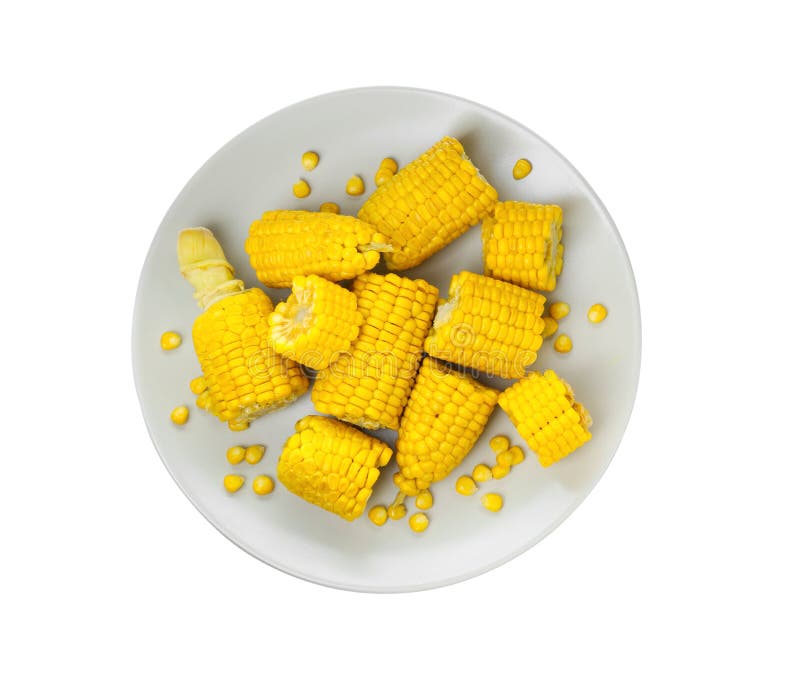 Plate with Tasty Cooked Corn Cobs on White Background, Top View Stock ...