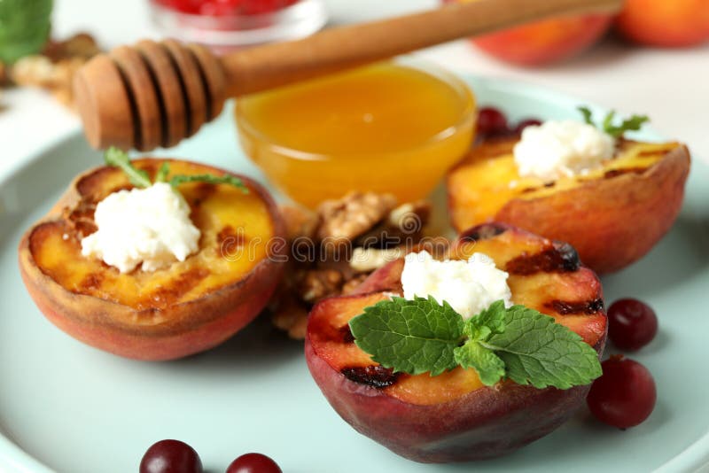 Plate with Tasty Grilled Peach, Close Up Stock Photo - Image of meal ...