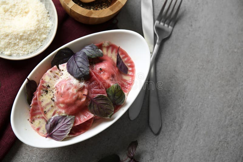 Plate with Tasty Ravioli on Table, Top View Stock Photo - Image of ...