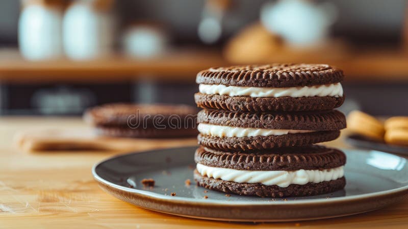 A Plate with Three Chocolate and Cream Cookies Stock Image - Image of ...