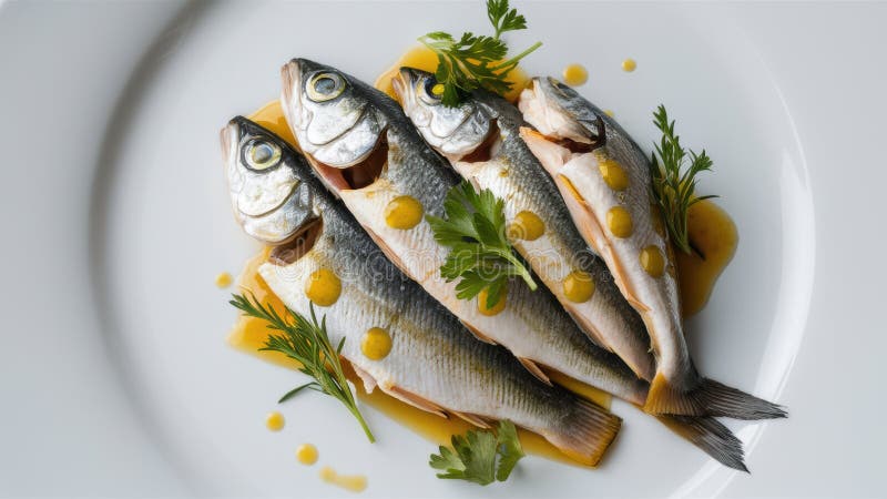 A Plate with Three Fish and Some Sauce on it, AI Stock Photo - Image of ...