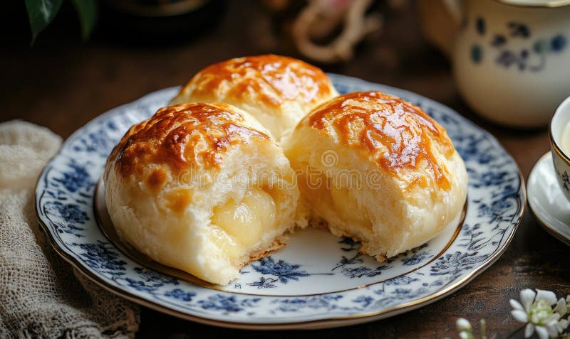 A Plate of Three Pastries with One of Them Open Stock Image - Image of ...