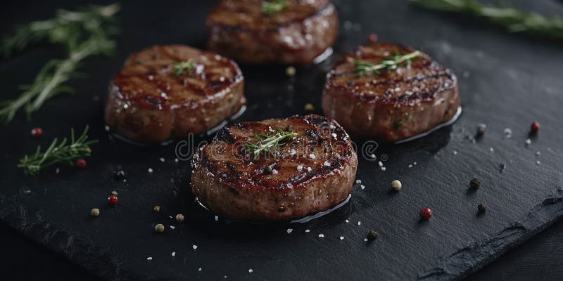 Three Steaks on Black Plate Stock Image - Image of dinner, culinary ...