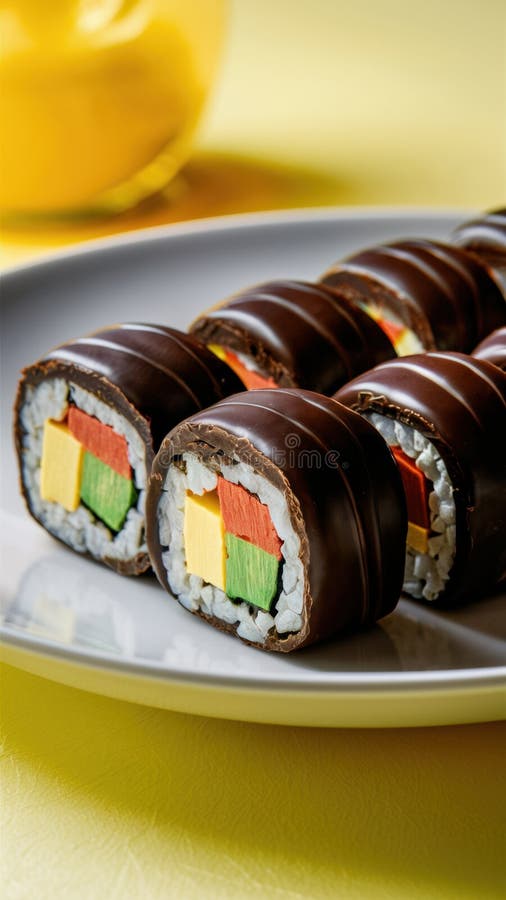 A Plate Topped with Chocolate Covered Sushi Rolls on a White Table, AI ...