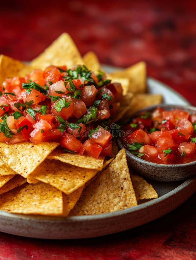 Plate of Tortilla Chips Topped with Fresh Tomato Salsa. Stock Image ...
