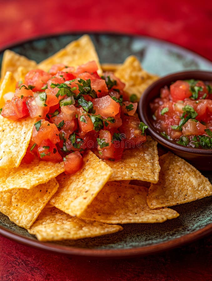 Plate of Tortilla Chips Topped with Tomato Salsa. Stock Photo - Image ...