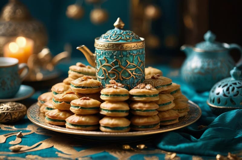 Elegant Islamic Celebration Scene with Eid Sweets, Tea, and Golden ...