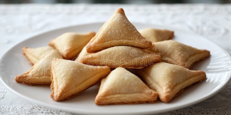 A Plate of Triangular Pastries is Piled on Top of Each Other Stock ...