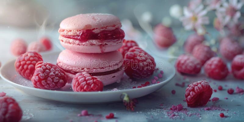 A Plate of Two Pink Macarons and a Bunch of Raspberries. the Macarons ...