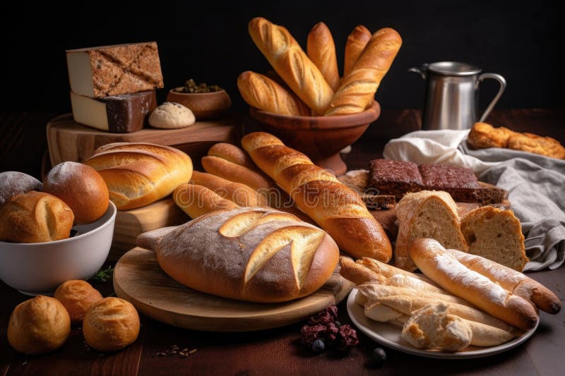 Plate of Various Breads, Including Baguettes, Rolls and Loaves Stock ...