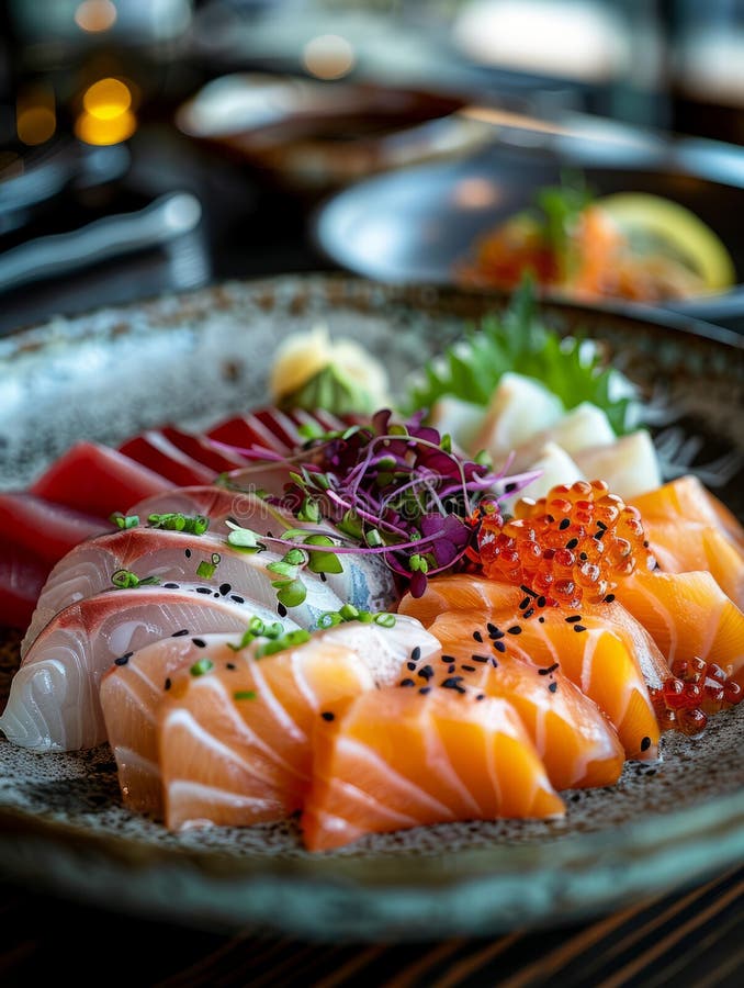 Plate of Various Sashimi Slices, Garnished and Beautifully Presented ...
