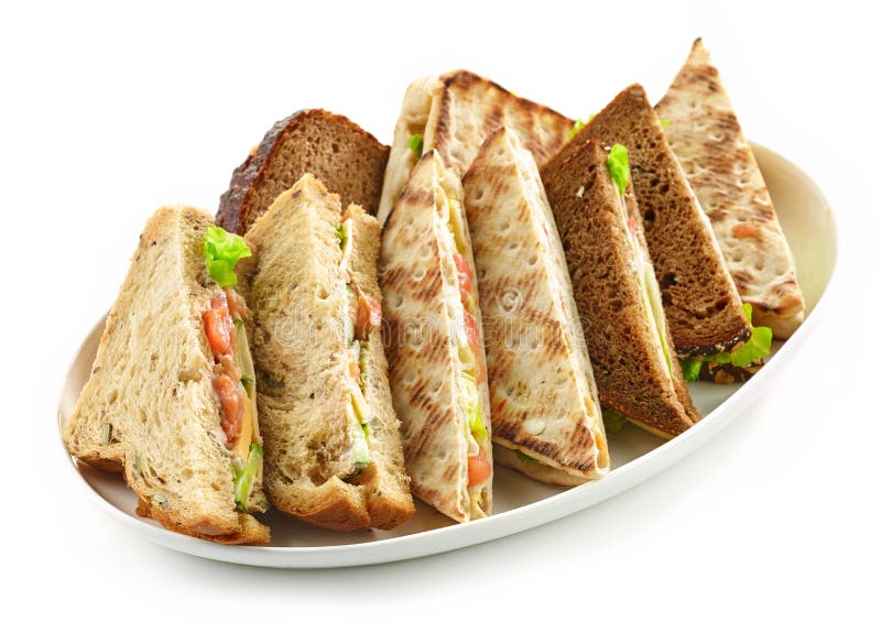 Various Triangle Sandwiches on Wooden Board Stock Image - Image of ...