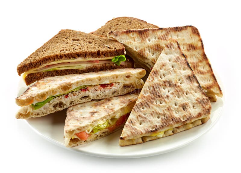 Various Triangle Sandwiches on Wooden Board Stock Image - Image of ...