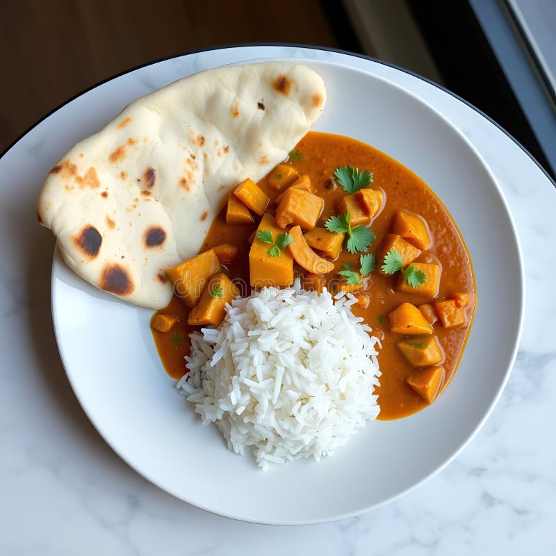 A Plate of Vegetable Korma with Naan and Rice, Served on a Modern ...