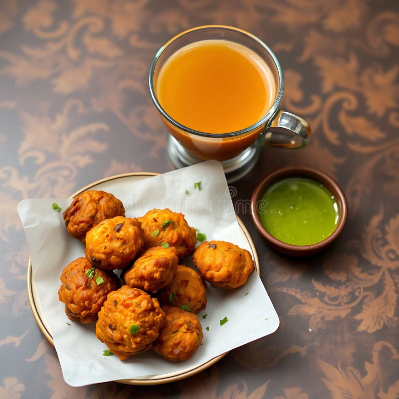 A Plate of Vegetable Pakoras with Green Chutney and a Cup of Masala ...