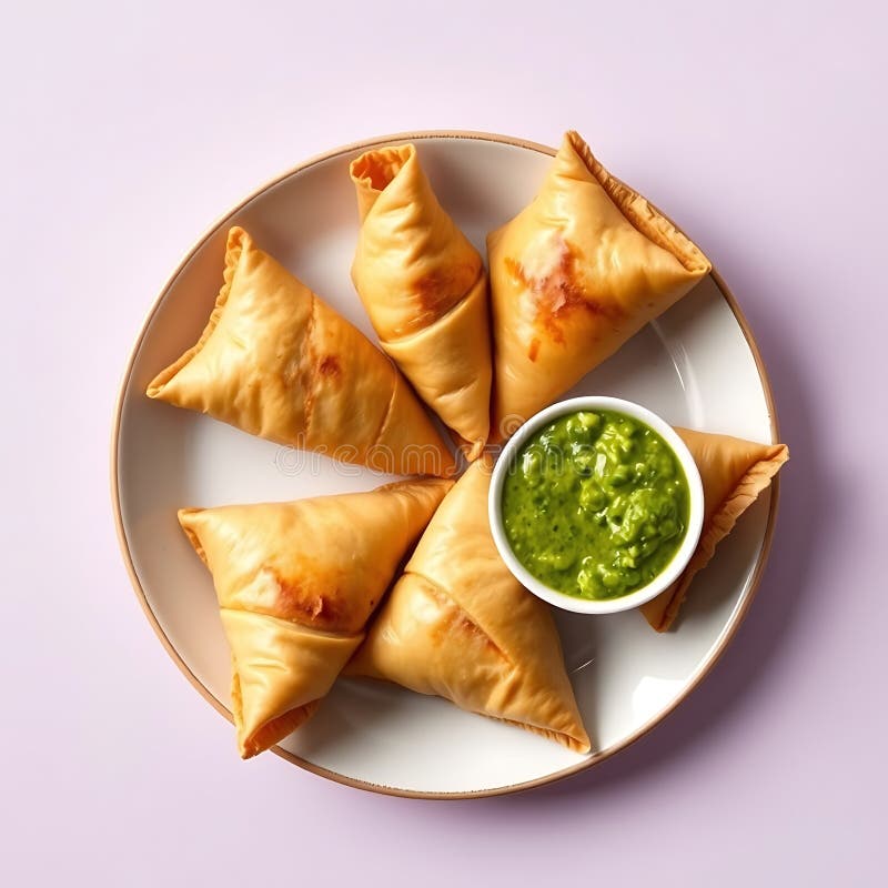 A Plate of Vegetable Samosas with a Side of Green Chutney on a Pastel ...