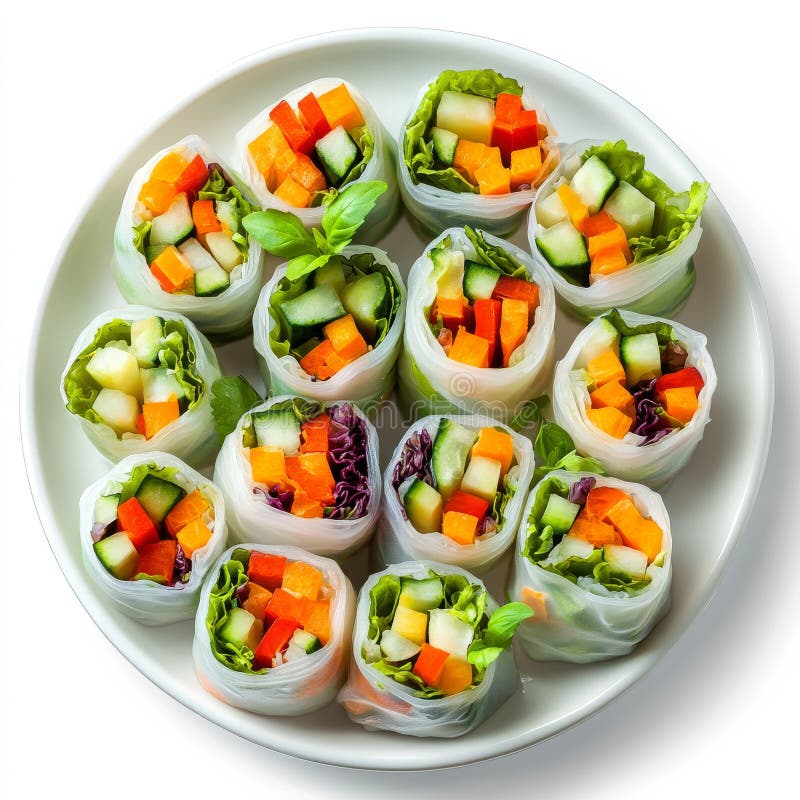 A Plate of Vegetable Spring Rolls, Isolated on a White Background ...