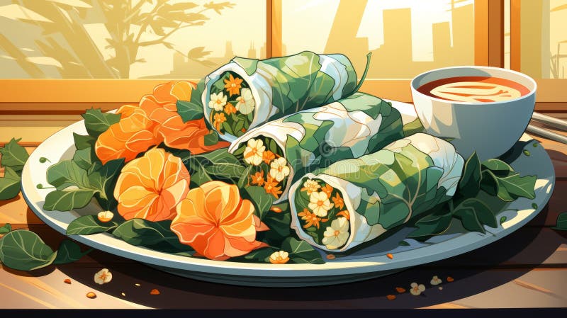 A Plate of Vibrant and Fresh Vietnamese Spring Rolls Flat Illustration ...