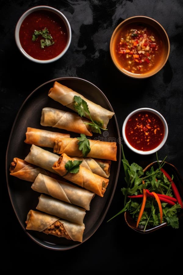 A Plate of Vietnamese Spring Rolls Next To a Bowl of Dipping Sauce ...